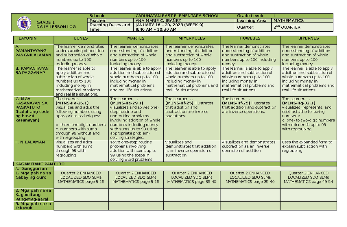 DLL Mathematics-1 Q2 W9 - GRADE 1 DAILY LESSON LOG School: CARUHATAN ...