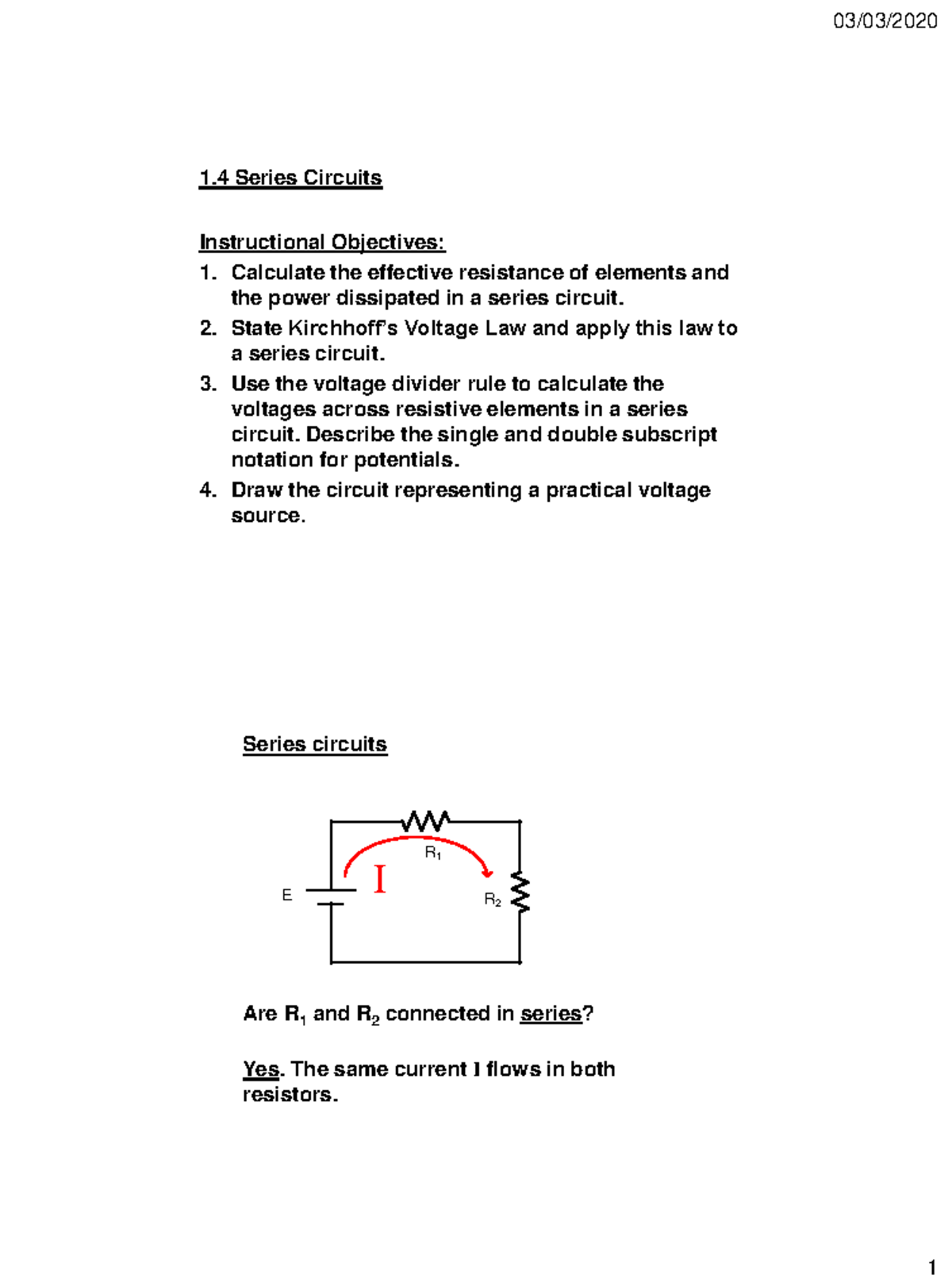 Topic 1.4 Series Circuit April 2020 Student - 1 Series Circuits ...