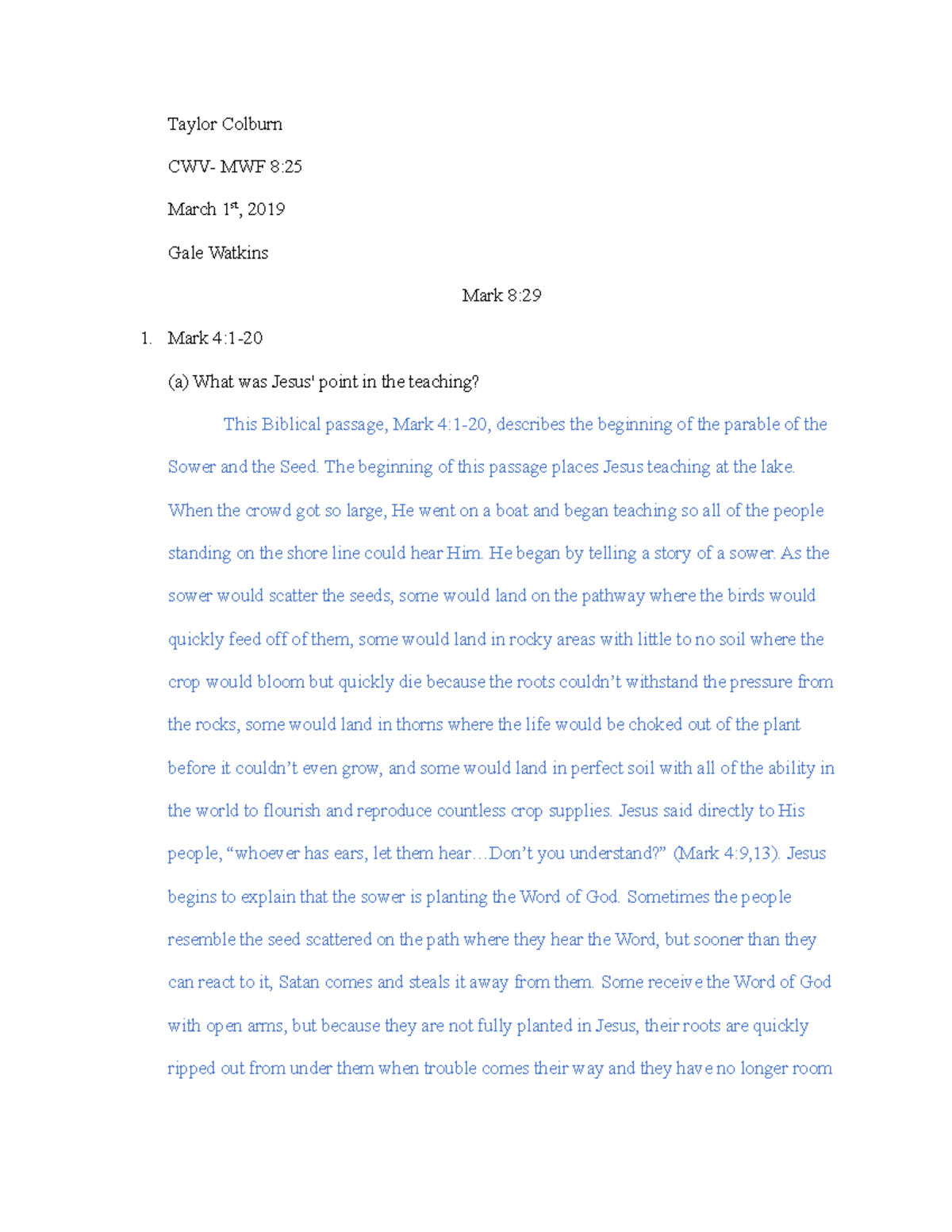 Mark paper - Taylor Colburn CWV- MWF 8: March 1st, 2019 Gale Watkins ...