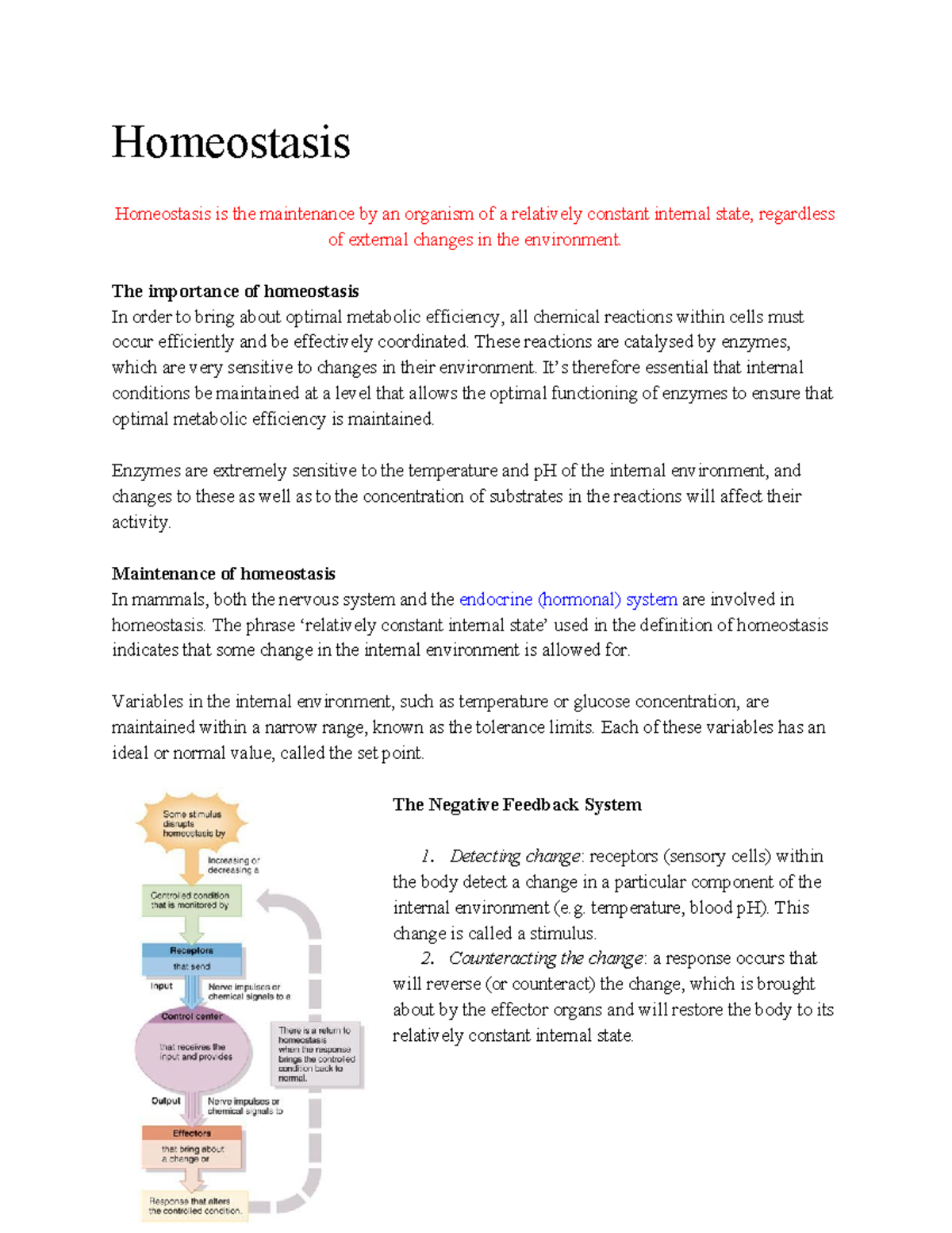 2020 Biology HSC Homeostasis-Notes - Homeostasis Homeostasis is the ...