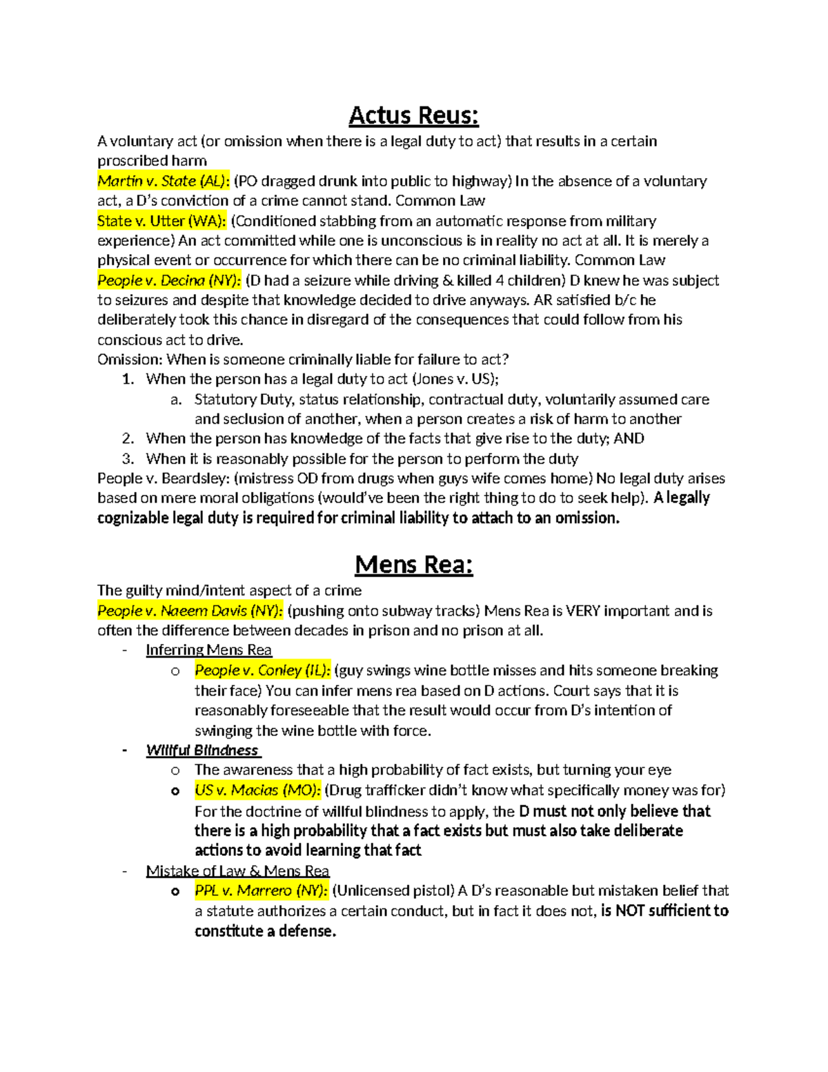 RPK Crim Law Attack Outline - Actus Reus: A voluntary act (or omission ...