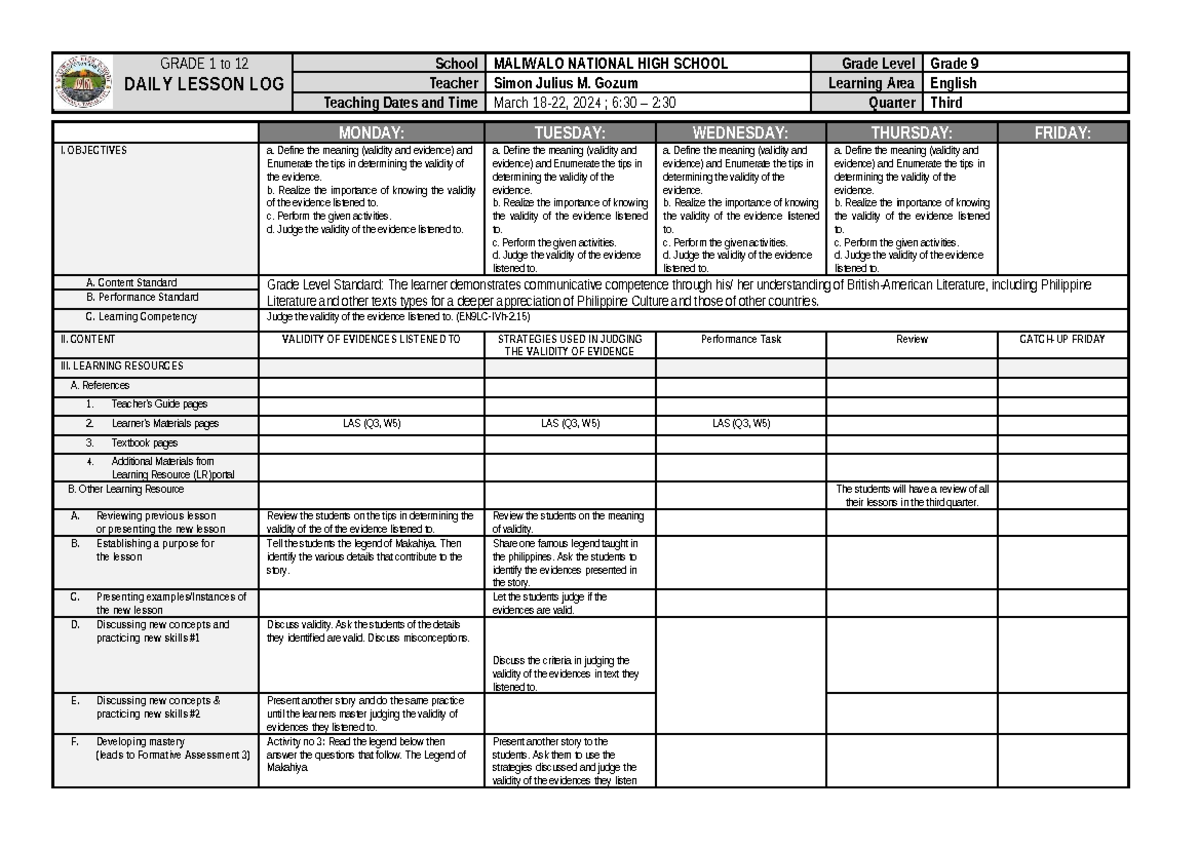 English-9 Q3-W5 - GRADE 1 to 12 DAILY LESSON LOG School MALIWALO ...