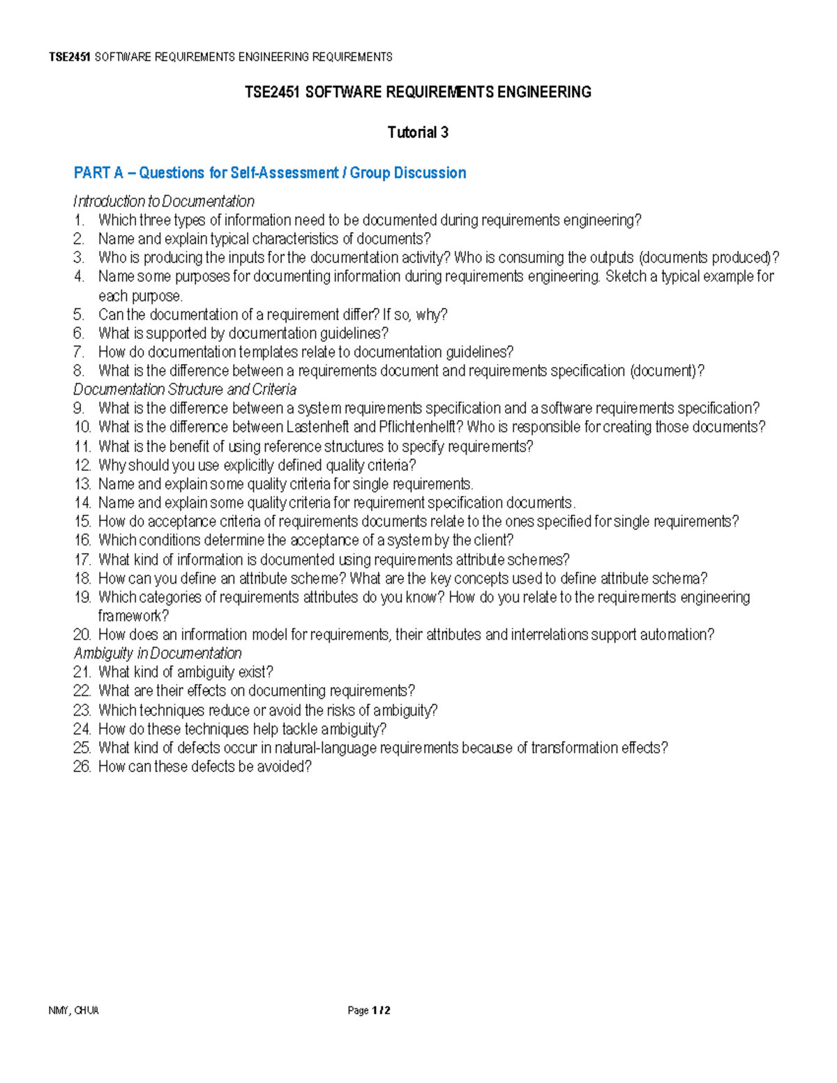 Software Requirements Engineering - Tutorial 3 - TSE 2451 SOFTWARE ...