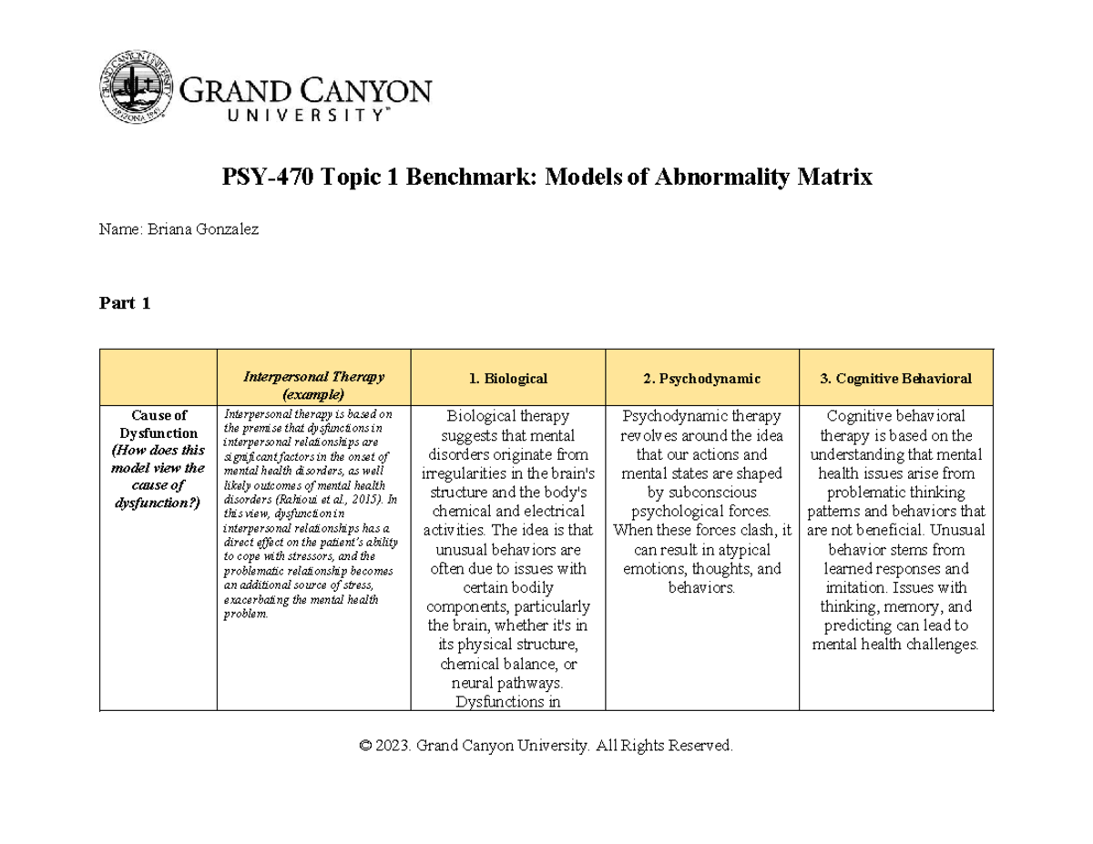 PSY-470-RS-T1-Modelsof Abnormality Matrix Assignment - PSY-470 Topic 1 ...