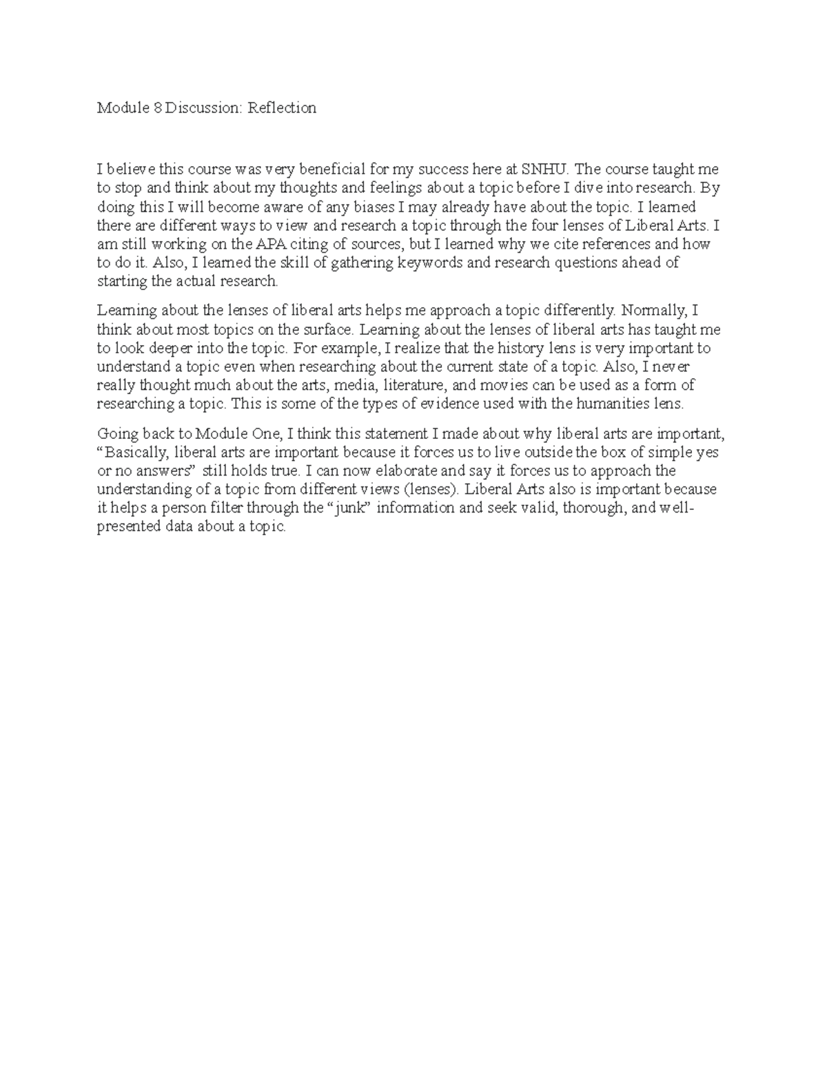 Module 8 Discussion Reflection - Module 8 Discussion: Reflection I ...