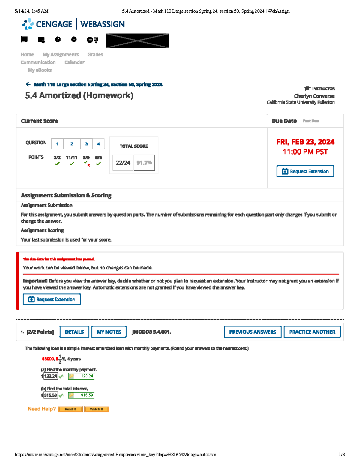 5.4 Amortized - Math 110 Large section Spring 24, section 50, Spring 2024 Web Assign - 24 59 5 / ...