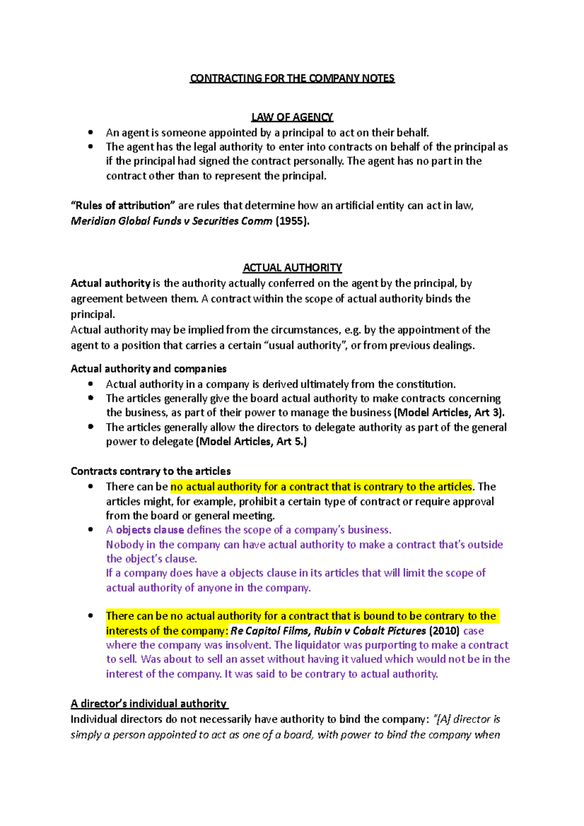 Contracting for the company tutorial 7 notes - CONTRACTING FOR THE ...
