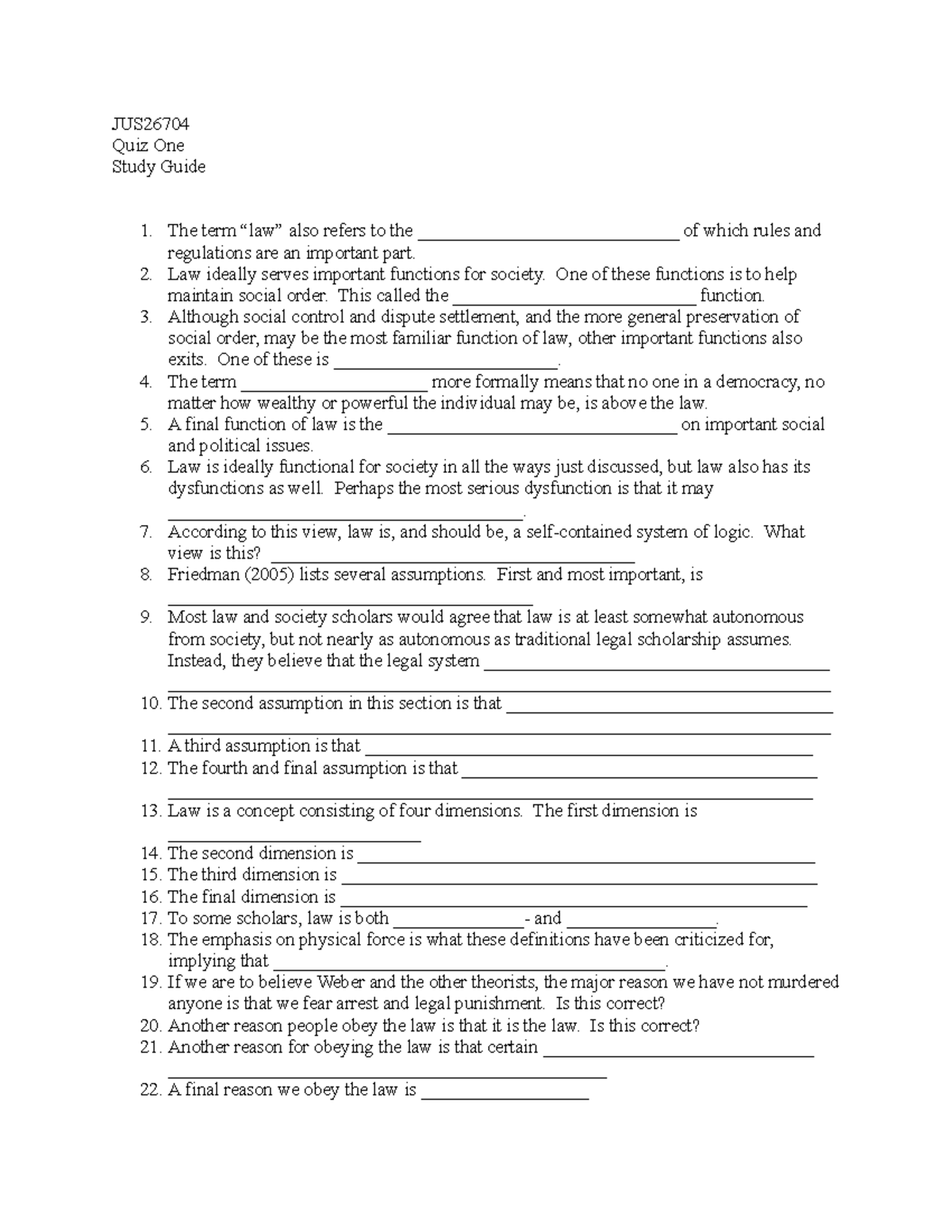 Issues in Law and Society Quiz 1 Study Guide - JUS Quiz One Study Guide ...