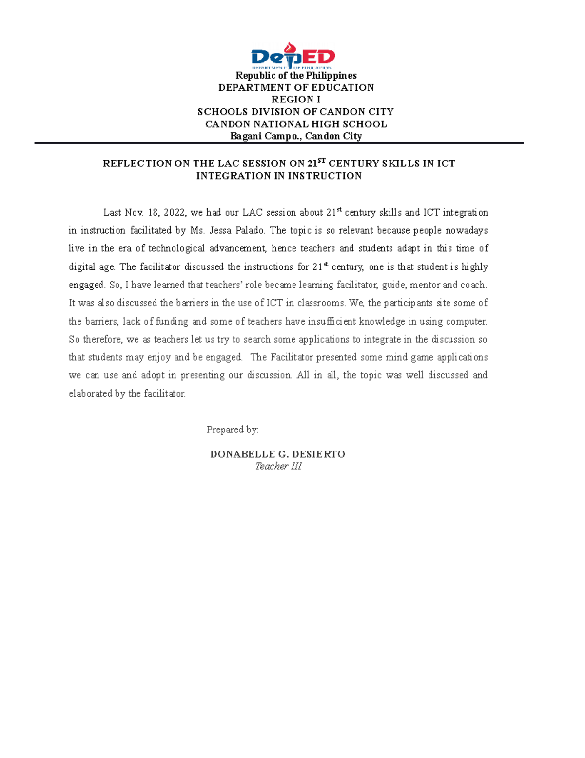 Reflection - Republic of the Philippines DEPARTMENT OF EDUCATION REGION ...