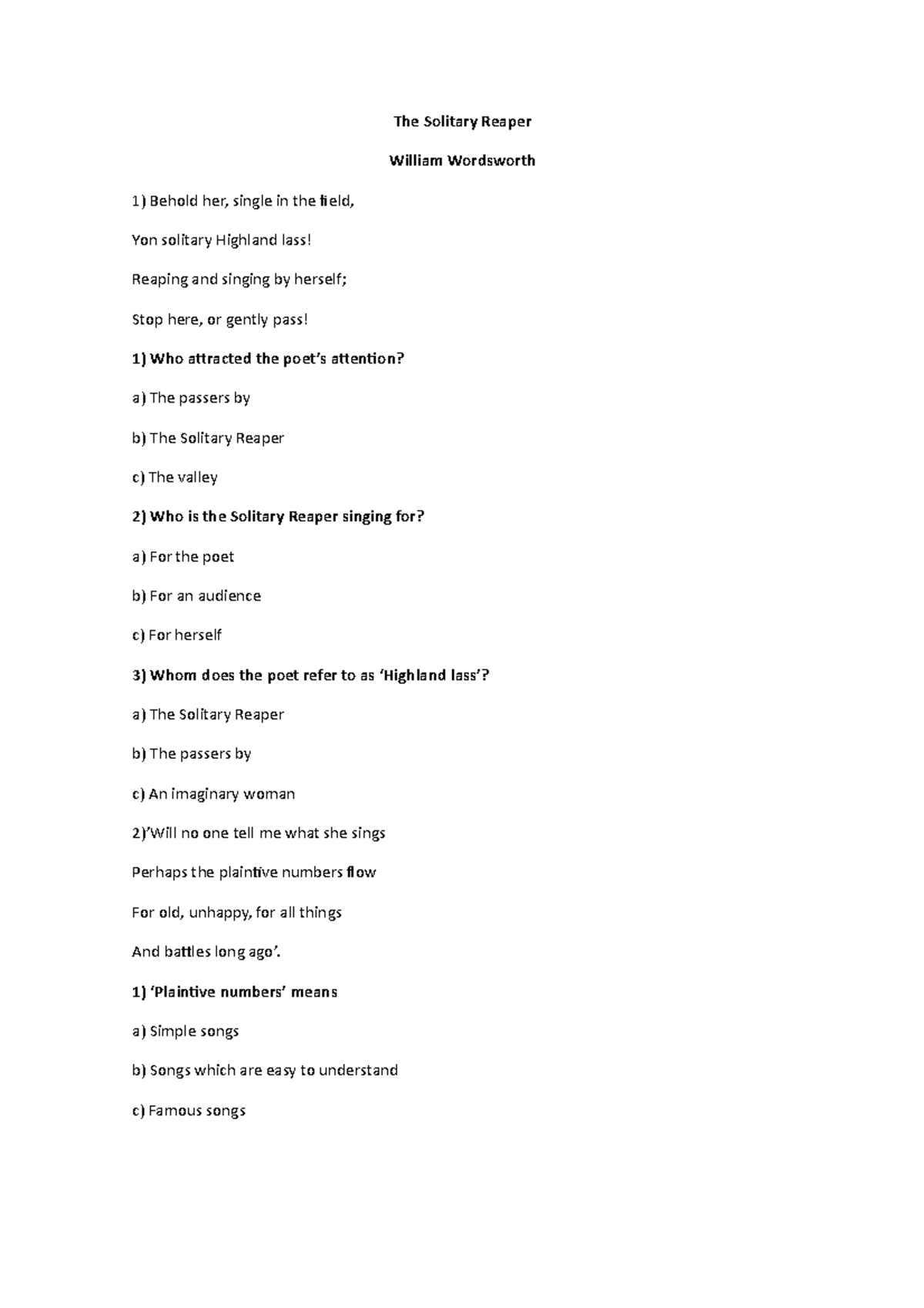 The Solitary Reaper worksheet - The Solitary Reaper William Wordsworth ...