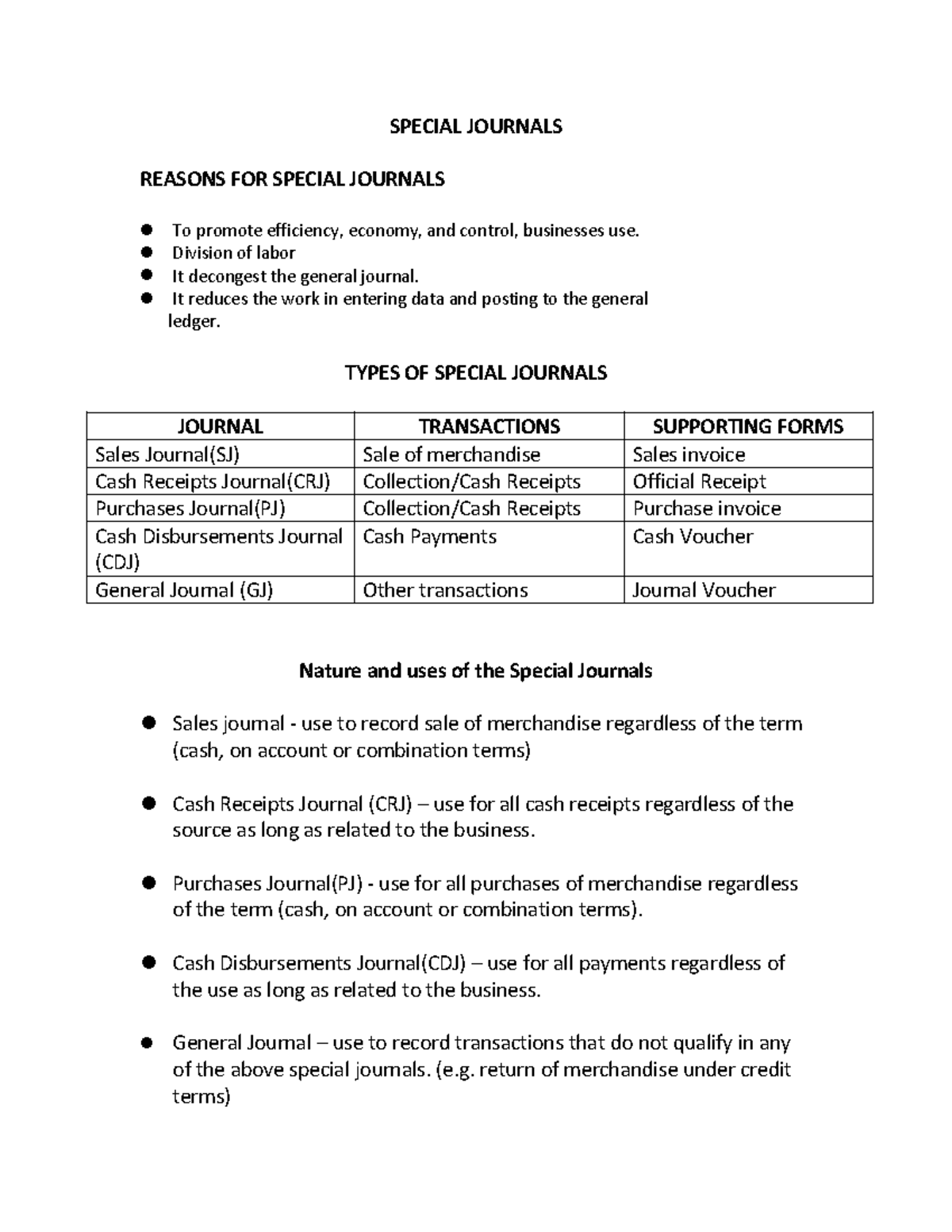 Special Journals - SPECIAL JOURNALS REASONS FOR SPECIAL JOURNALS To ...