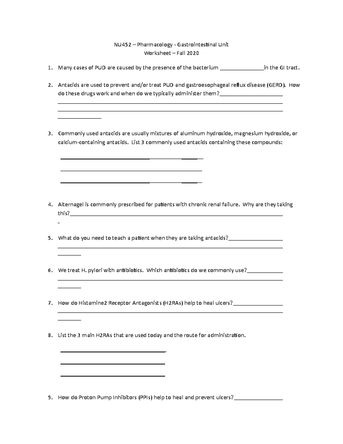 GI Worksheet - for pharmacology - NU452 Pharmacology Gastrointestinal ...