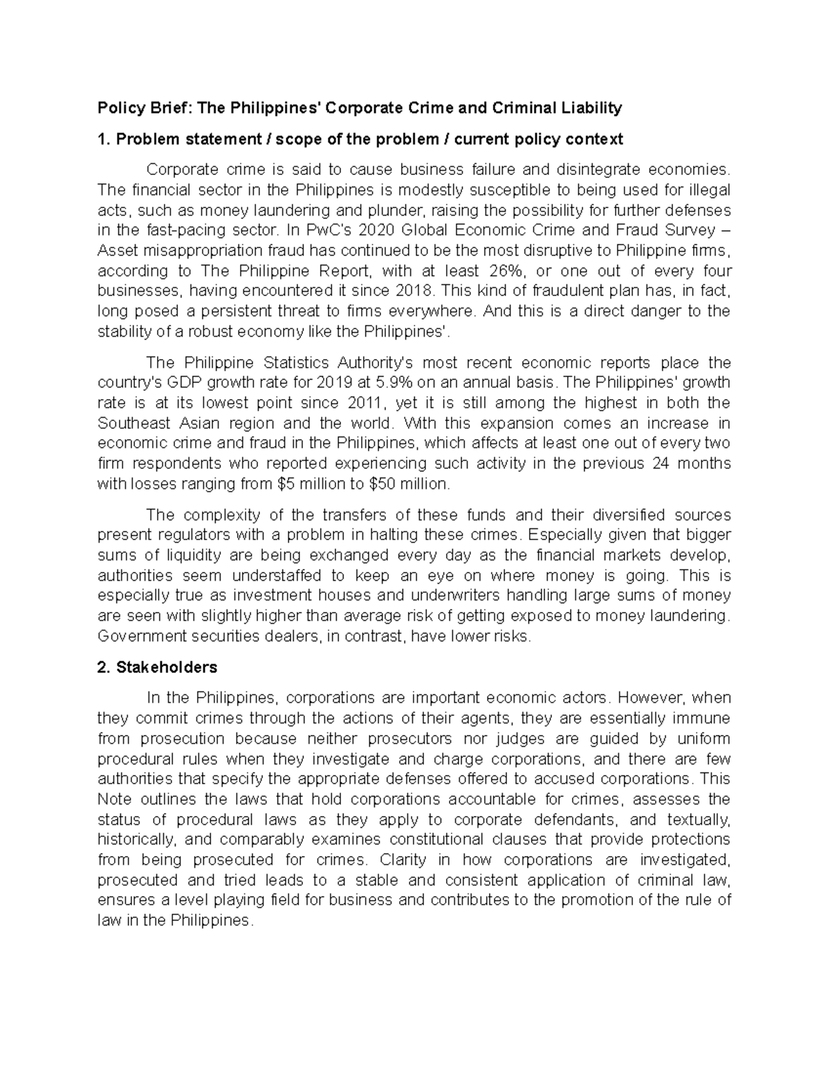 Week 13 Policy Brief - Policy Brief: The Philippines' Corporate Crime ...