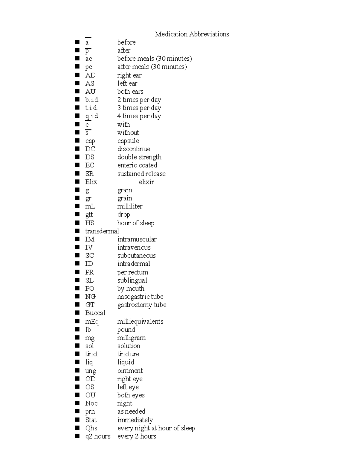 NRSG 2220 Medication Abbreviations - Medication Abbreviations a before ...