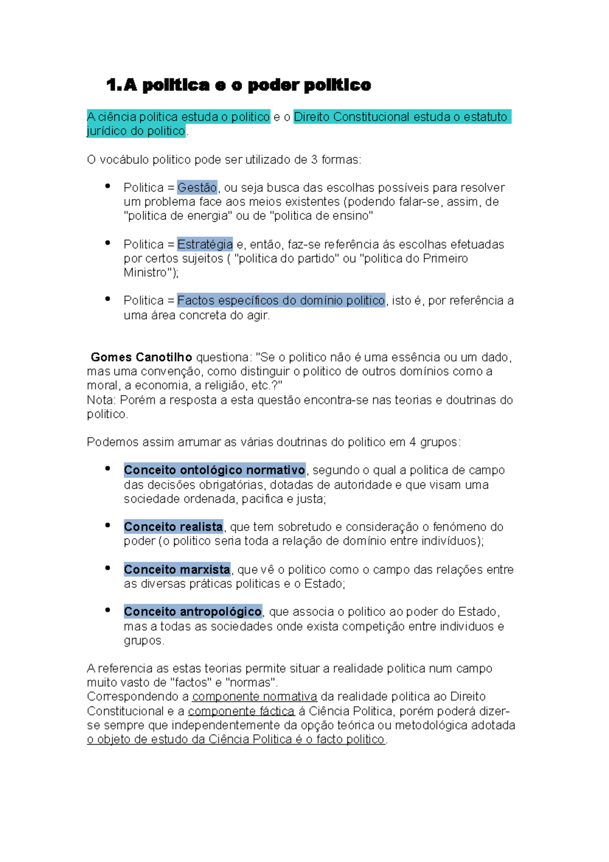 A politica e o poder politico CAP 1 - 1. A politica e o poder politico ...