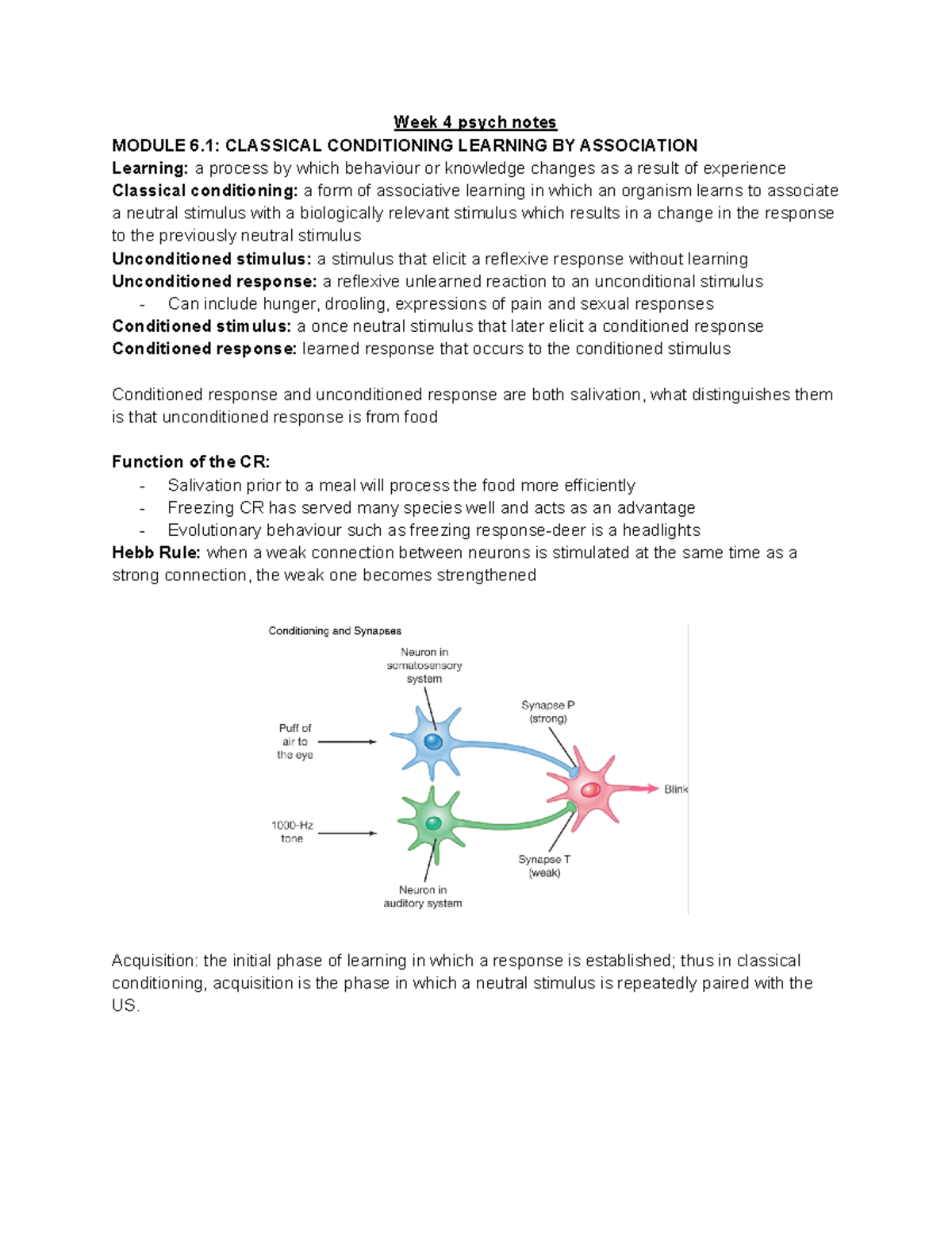 Week 4 pysc notes - Week 4 psych notes MODULE 6: CLASSICAL CONDITIONING ...