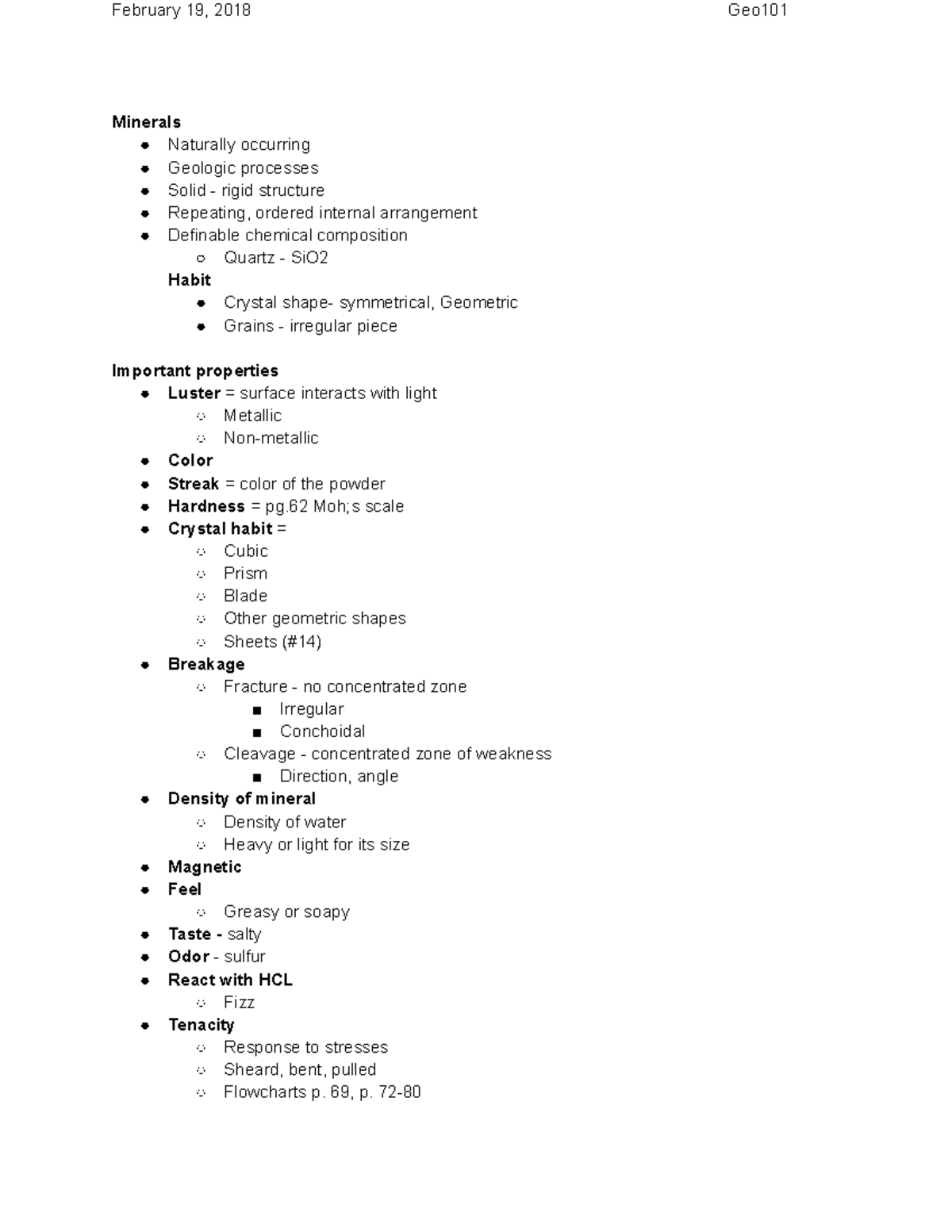 Geo101 lab notes - February 19, 2018 Geo Minerals Naturally occurring ...
