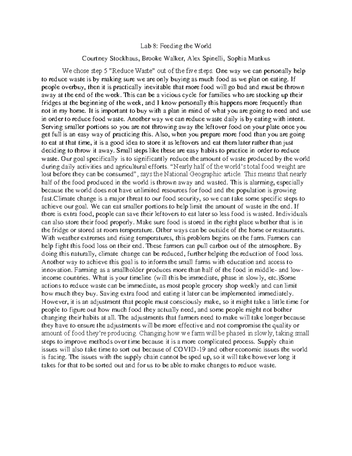 laboratory 8 summary - Lab 8: Feeding the World Courtney Stockhaus ...