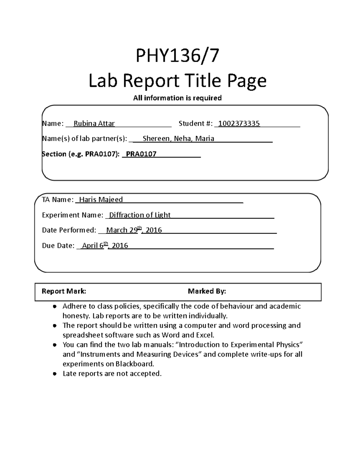 Physics lab 5 2015-2016 - PHY136/ Lab Report Title Page All information ...