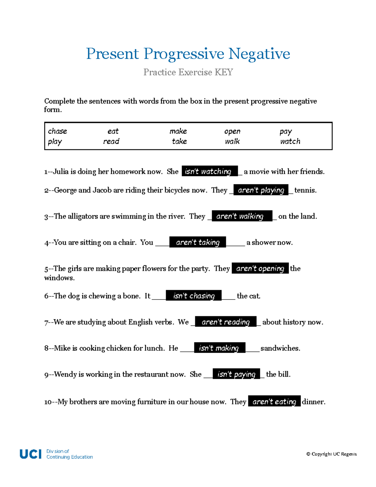 C2M2L3 KEY - Present Progressive Negative Practice Exercise KEY ...