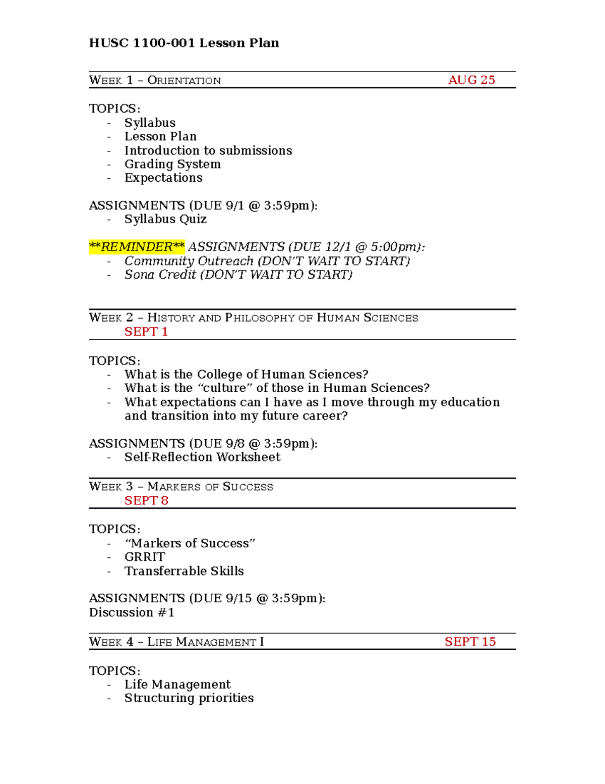 HUSC 1100-001 Lesson Plan with all plan answers - WEEK 1 – ORIENTATION ...