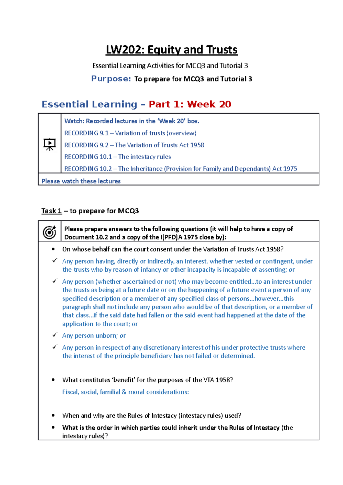 Tutorial 3 - Jurisprudence - LW202: Equity and Trusts Essential Learning Activities for MCQ3 and ...