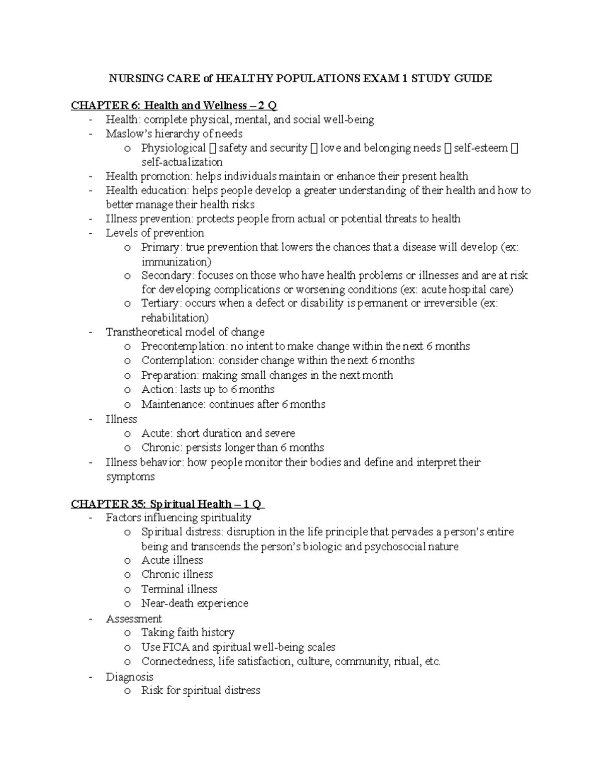 NCHP Exam 1 - study guide - NURSING CARE of HEALTHY POPULATIONS EXAM 1 ...