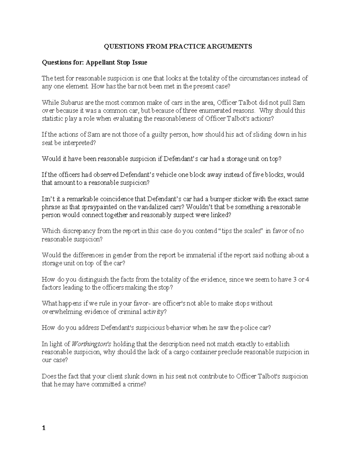 Practice Argument Questions - QUESTIONS FROM PRACTICE ARGUMENTS ...