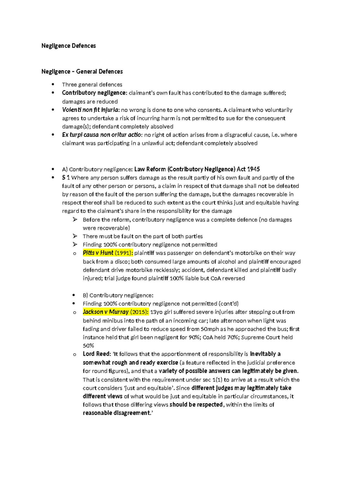 Negligence Defences notes - Negligence Defences Negligence – General ...