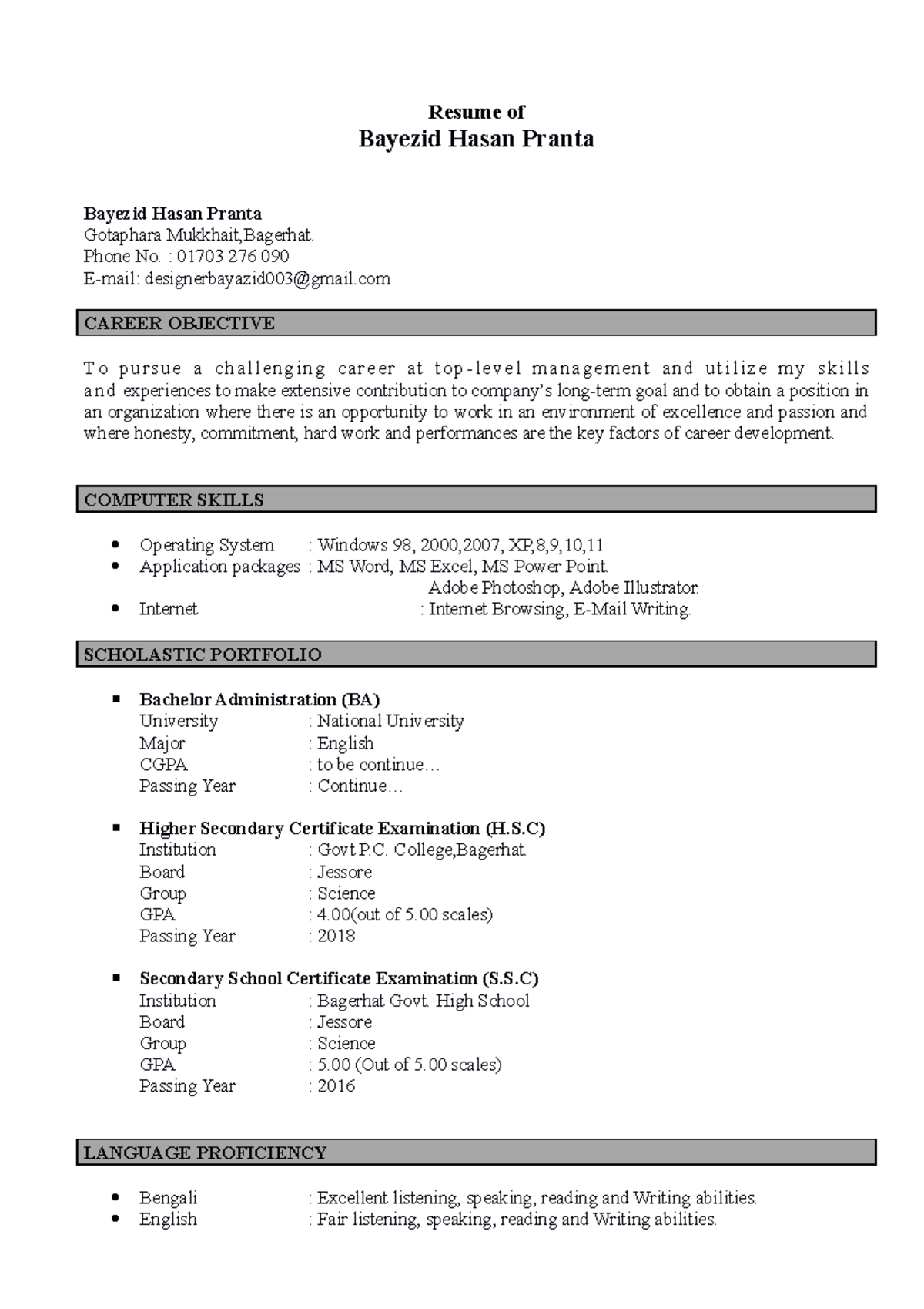 Bayazid CV 1st Page - dfg wsws sfsf - Resume of Bayezid Hasan Pranta Bayezid Hasan Pranta ...