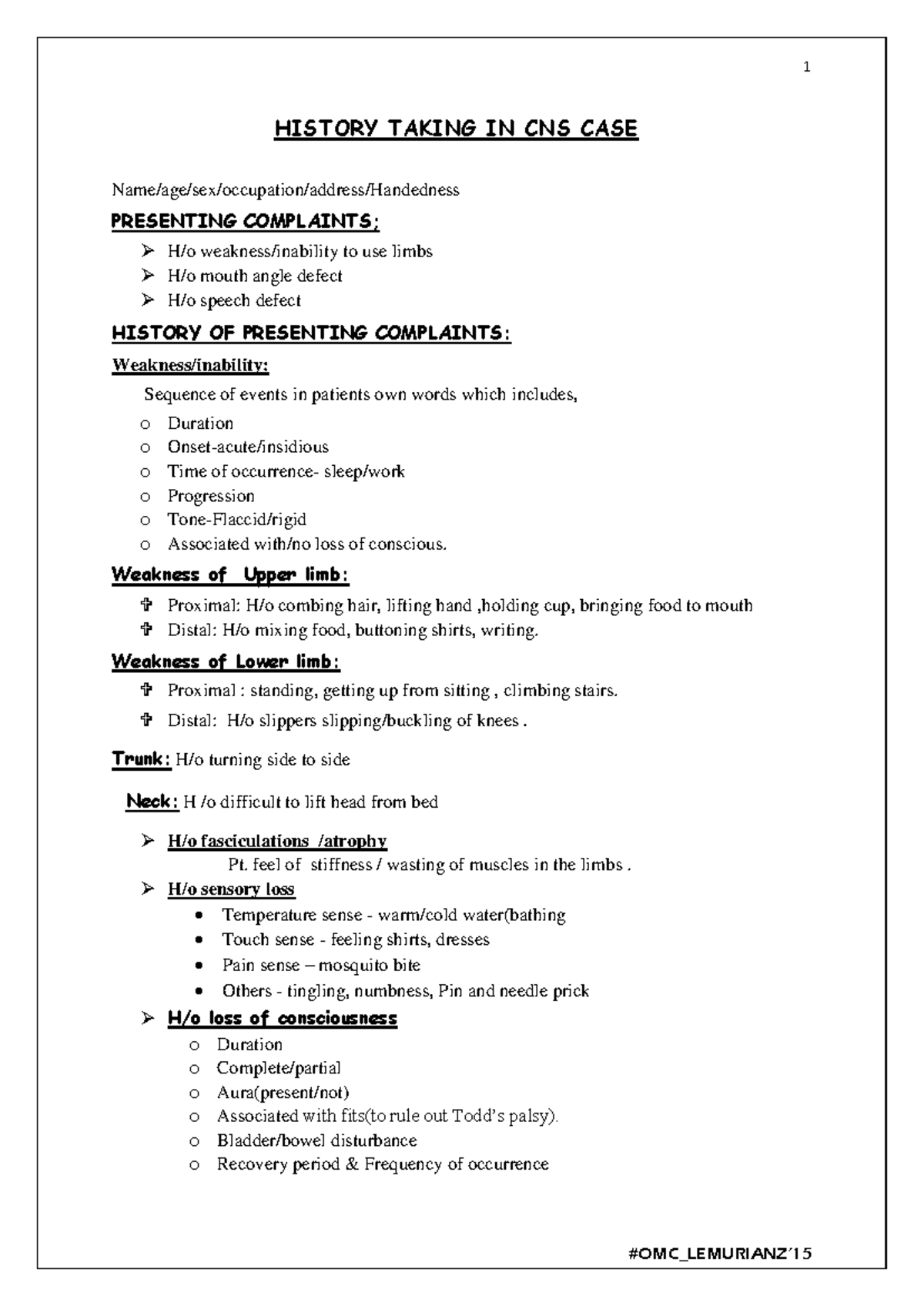 MED- Central Nervous System Case profoma - HISTORY TAKING IN CNS CASE ...