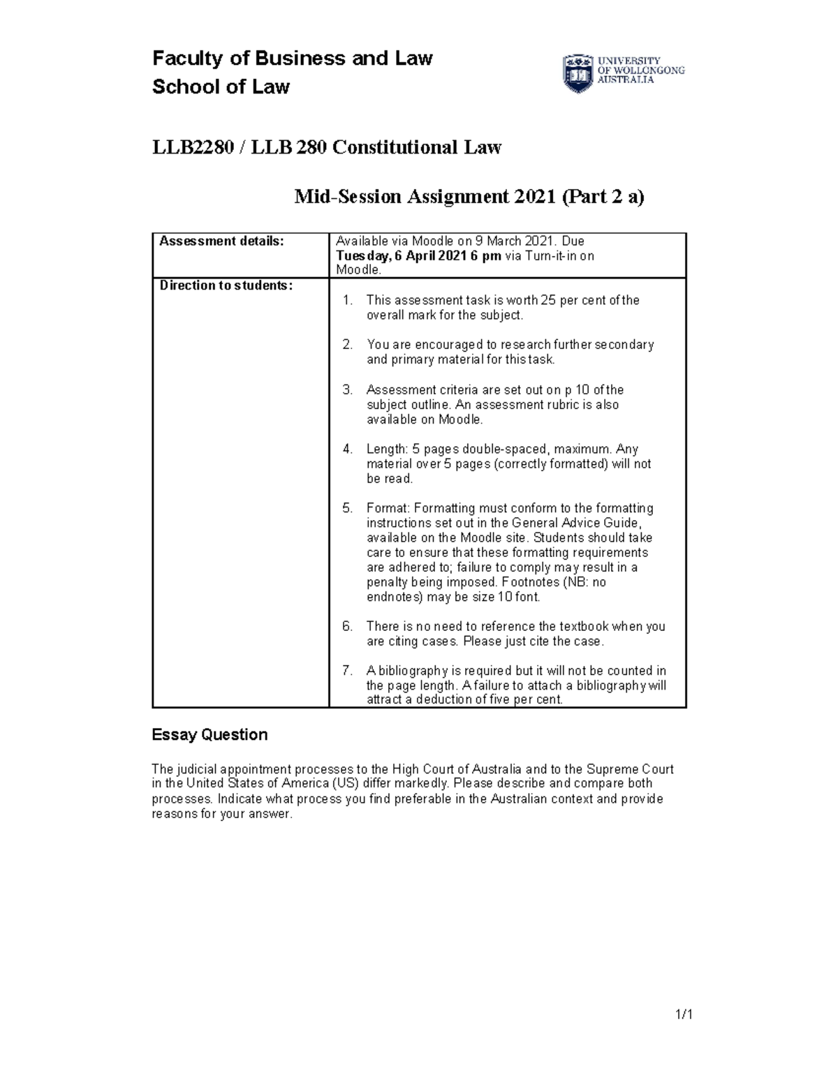 2021 UOW Mid-Session Assignment LLB2280 LLB 280 - 1/ Faculty of Business and Law School of Law ...