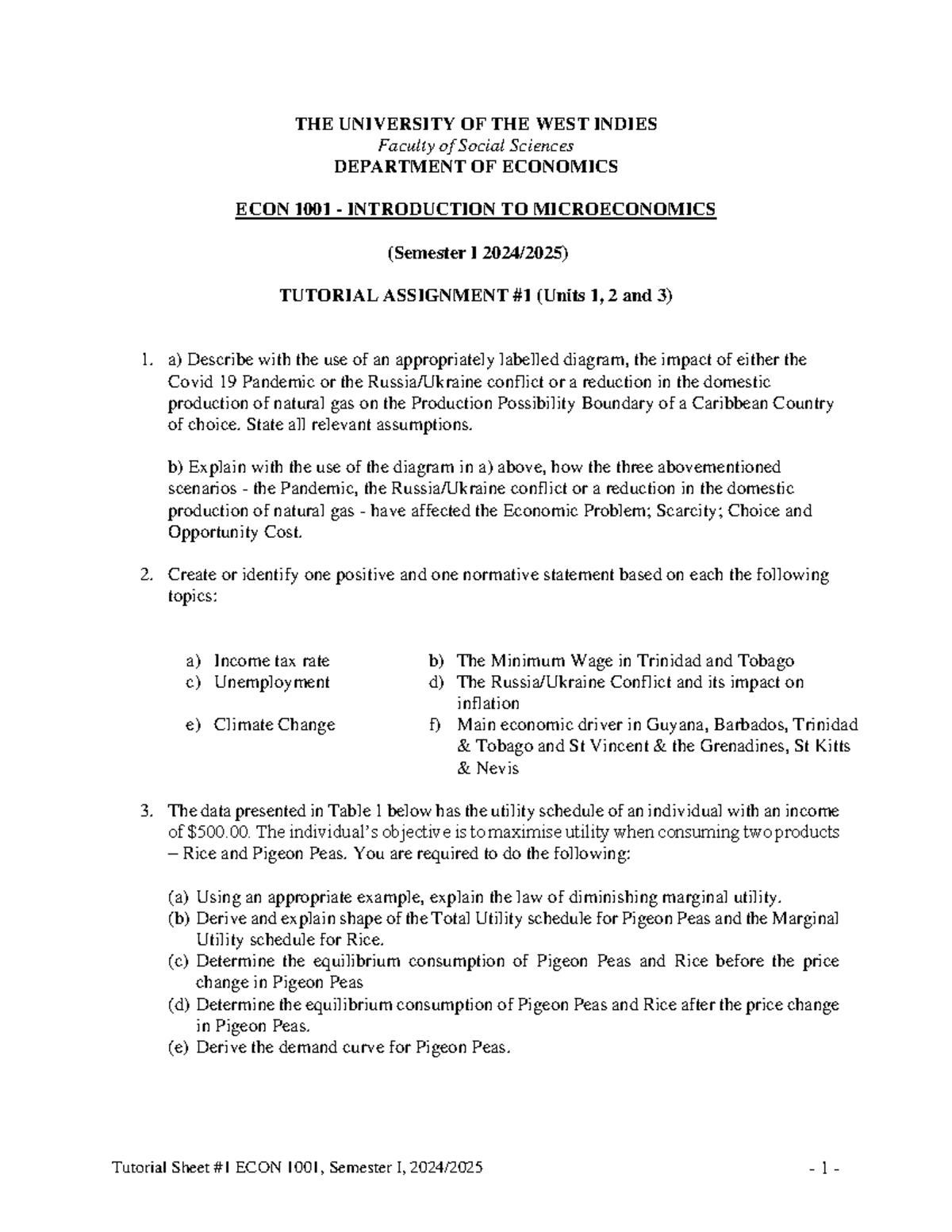 ECON 1001 Tutorial Sheet 1 Semester I 2024 25 - Tutorial Sheet #1 ECON 1001, Semester I, 202 4 / ...