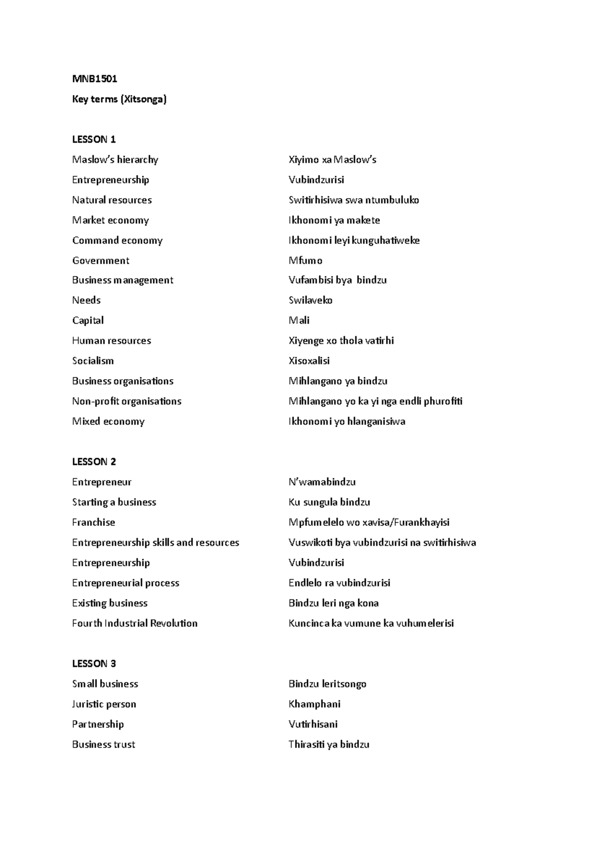 Key terms Xitsonga - MNB Key terms (Xitsonga) LESSON 1 Maslow’s ...