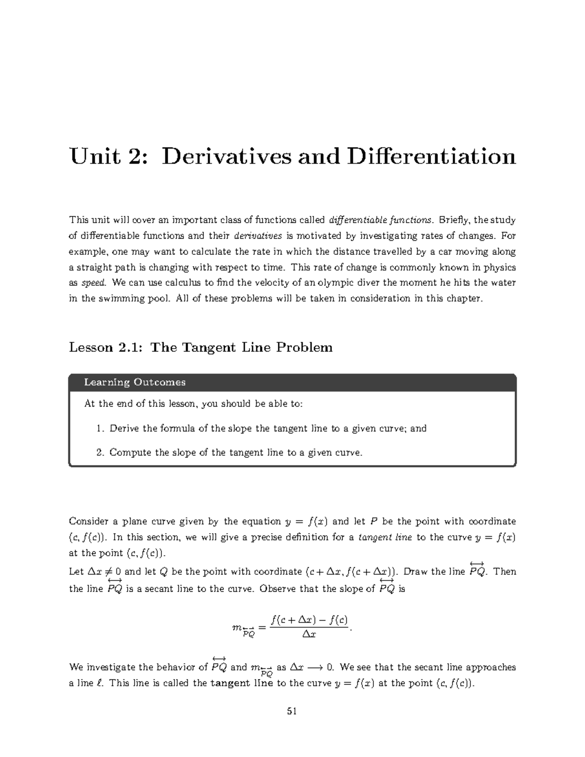 IM MATH ANA 1 Chapter 2 - CALCULUS 1 NOTES - Unit 2: Derivatives and Di ...