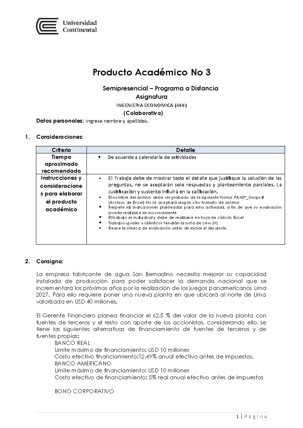PA03 Ingenieria Economica 2024 10A - Producto Académico No 3 Semipresencial – Programa a ...