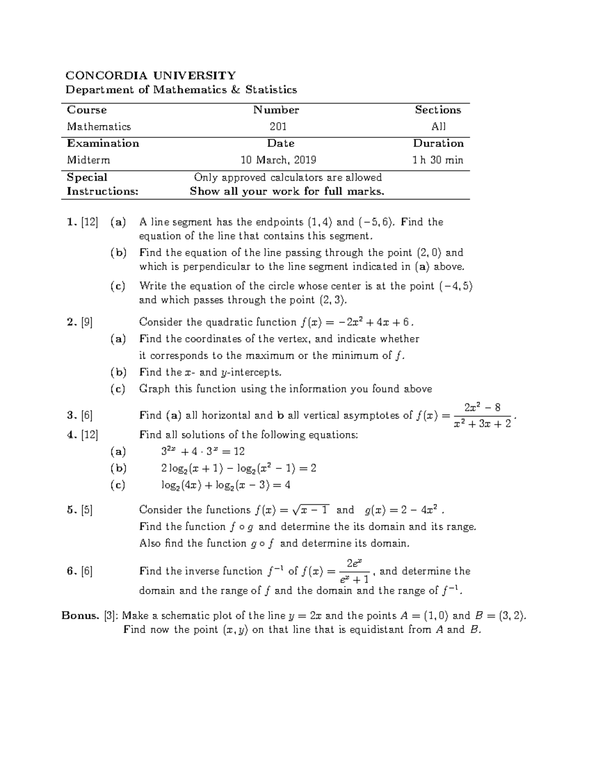 Exam Practice for Math201 - CONCORDIA UNIVERSITY Department of ...