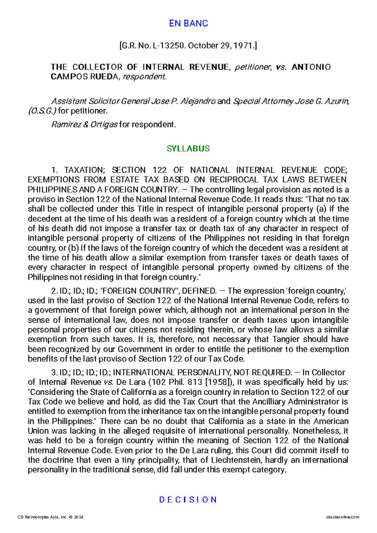 CIR v. Campos Rueda - Case Digest - EN BANC [G. No. L-13250. October 29 ...