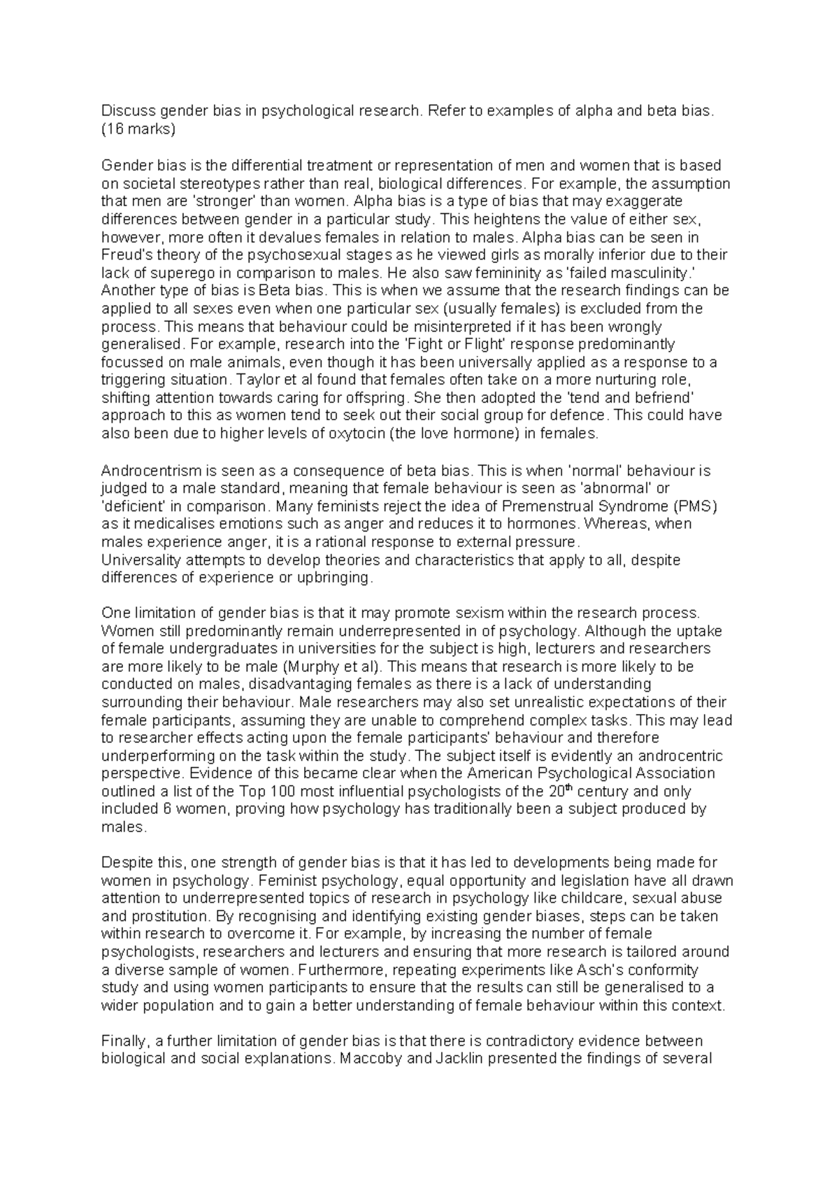 Gender Bias - 16 marker - Discuss gender bias in psychological research ...