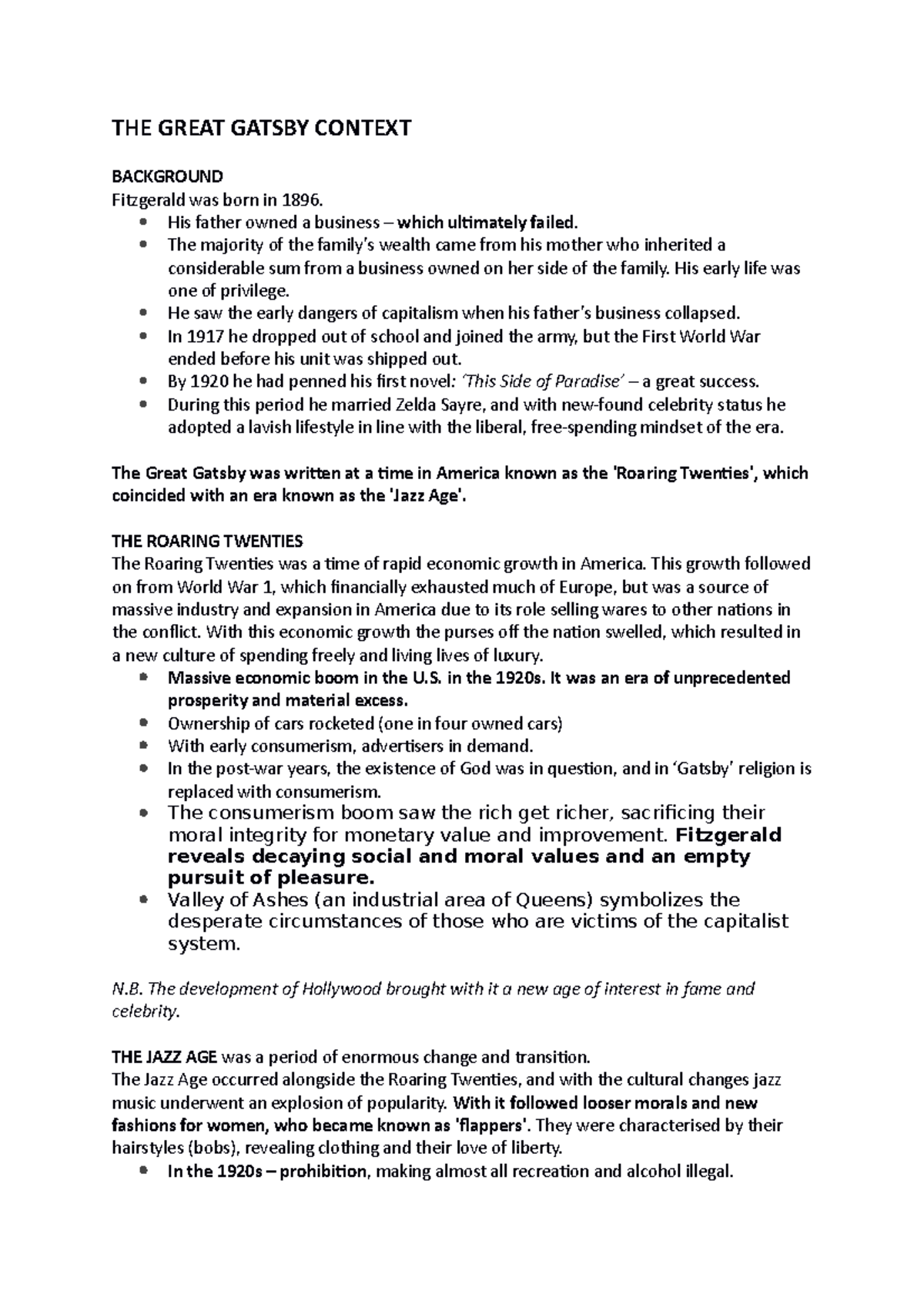 THE Great Gatsby Context - THE GREAT GATSBY CONTEXT BACKGROUND ...