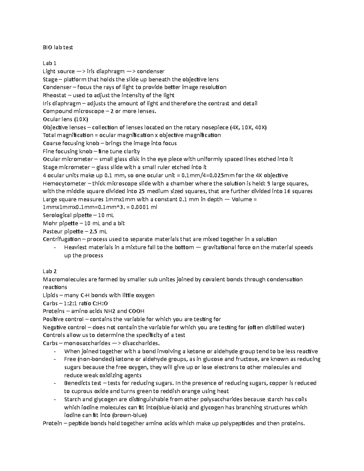 BIO LAB test - Summary Cell Biology - BIO lab test Lab 1 Light source ...