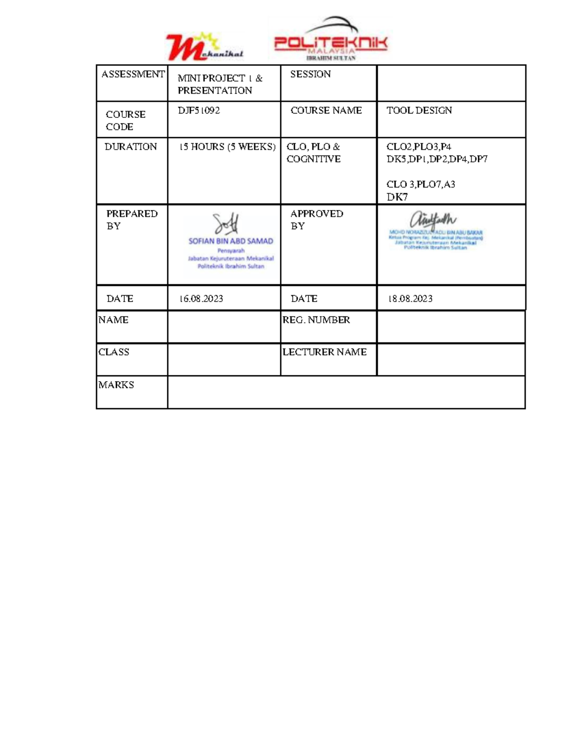MINI Project 1 TOOL Design - ASSESSMENT MINI PROJECT 1 & PRESENTATION ...