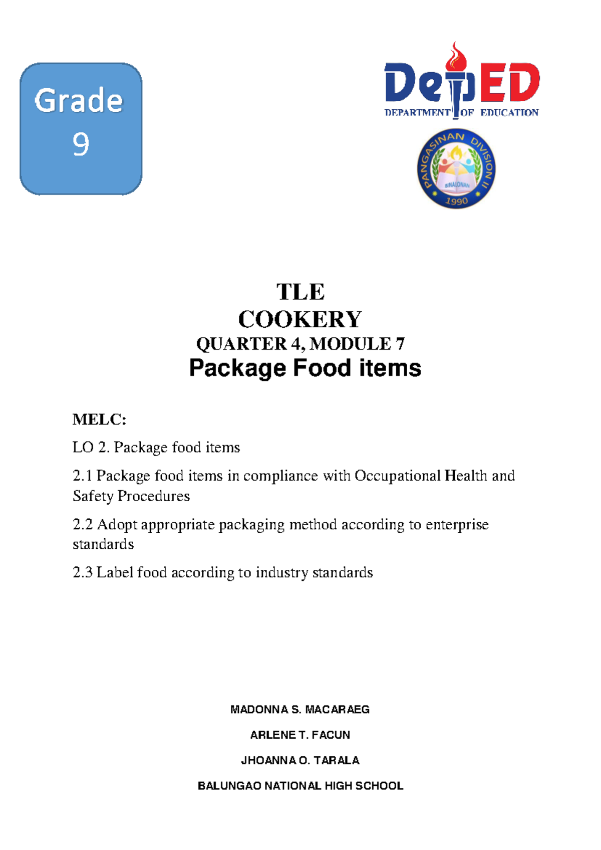 Q4 Module 7 G9 Cookery Balungaonhs - TLE COOKERY QUARTER 4, MODULE 7 ...