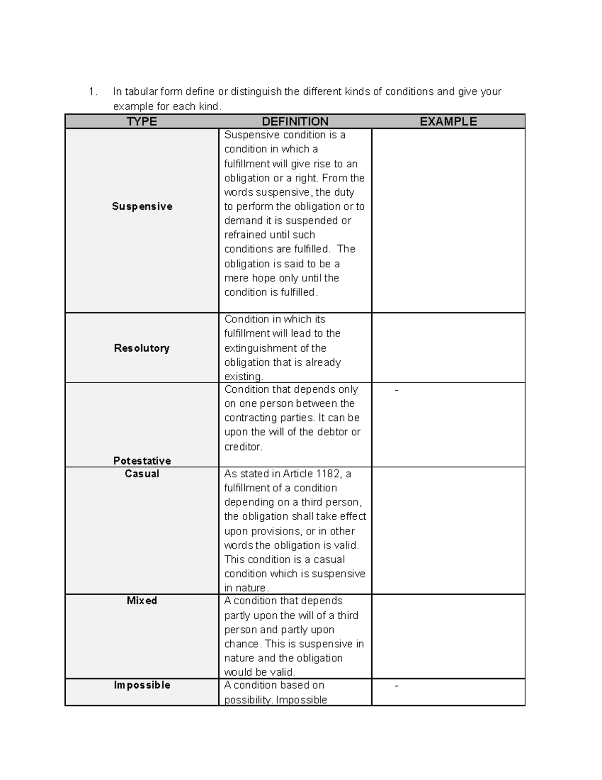 Kinds Of Obligations - In tabular form define or distinguish the ...