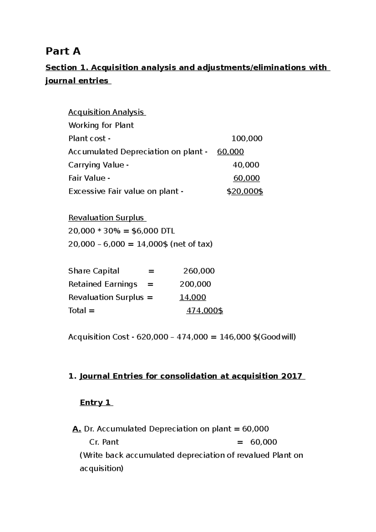 Acquisition analysis and journal entries for consolidation at ...