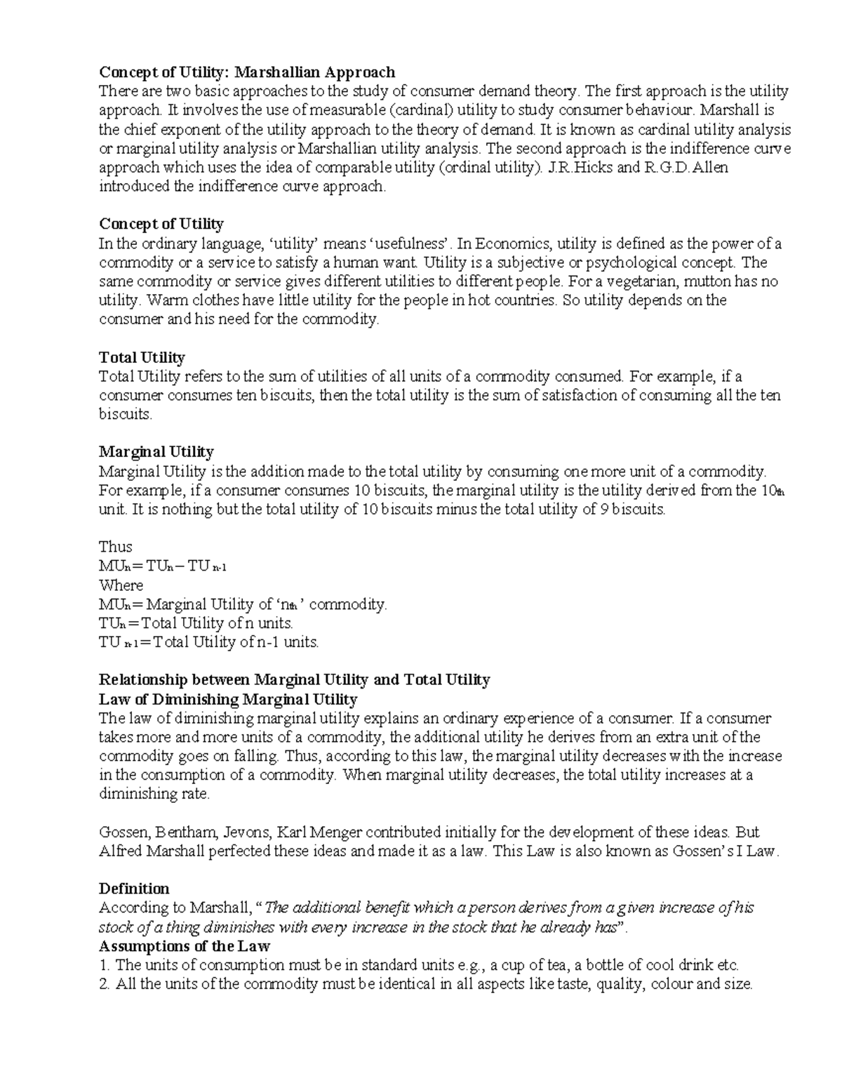 EE Notes Utility Demand & Supply NCIT - Concept of Utility: Marshallian ...