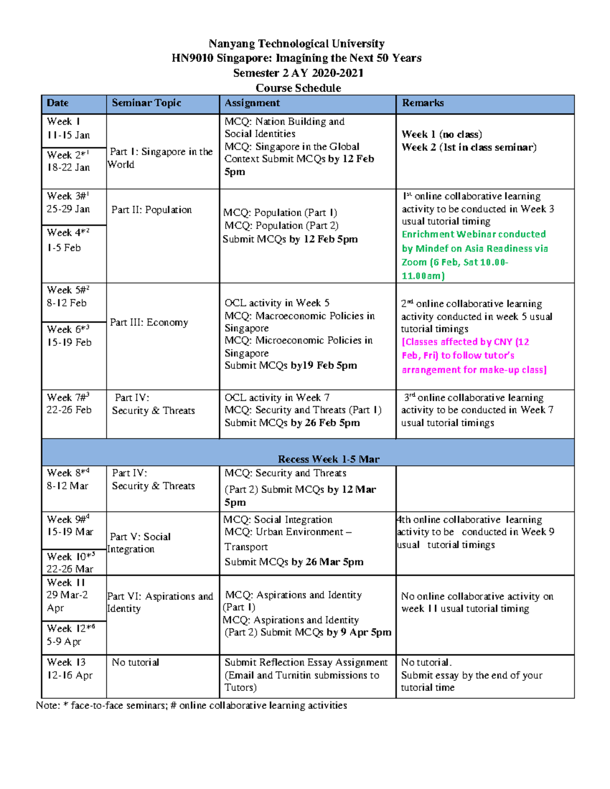 HN9010 Schedule Sem 2 AY2020-2021 - Nanyang Technological University ...