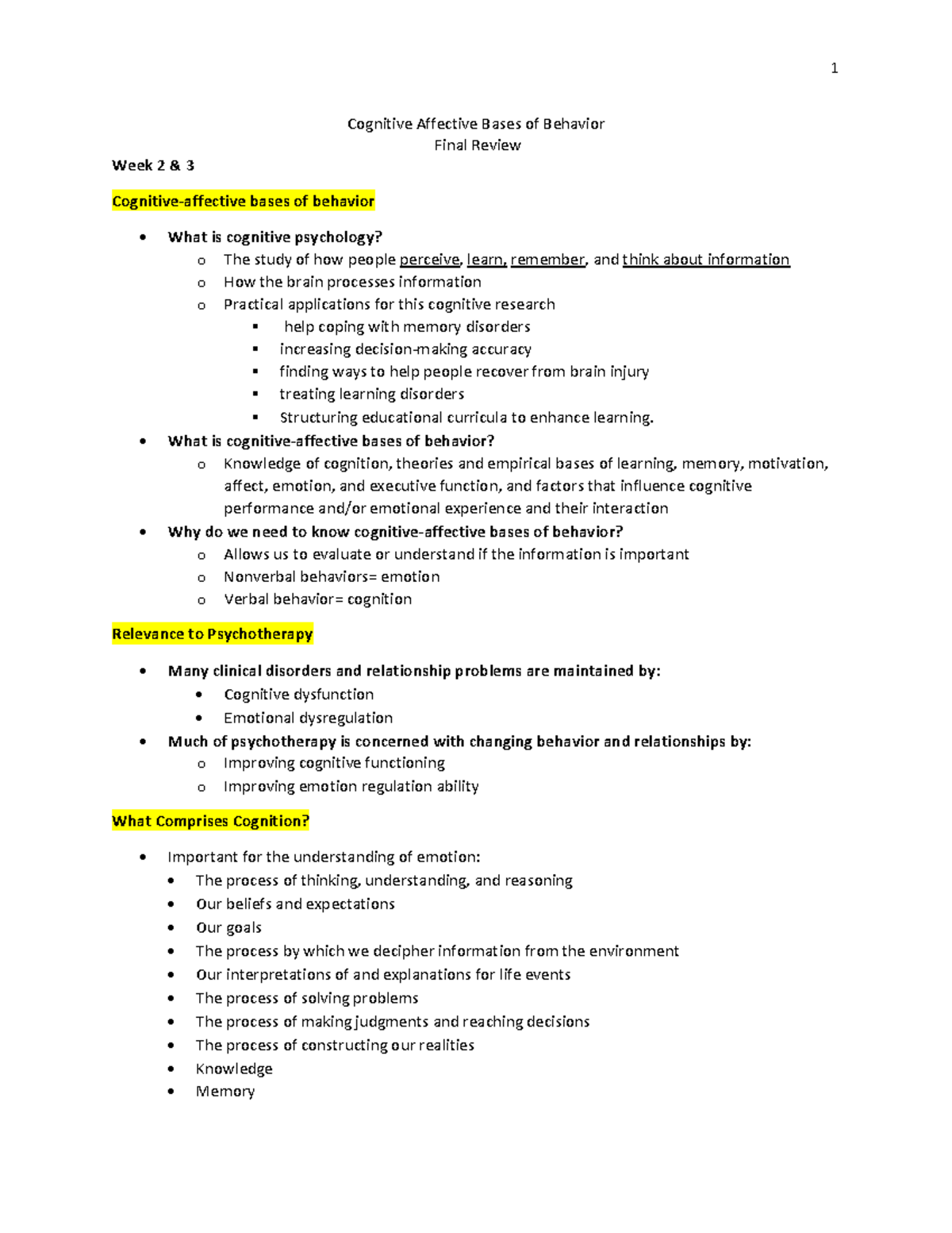 Final Study Guide- Cog. Affect - Cognitive Affective Bases of Behavior Final Review Week 2 & 3 ...