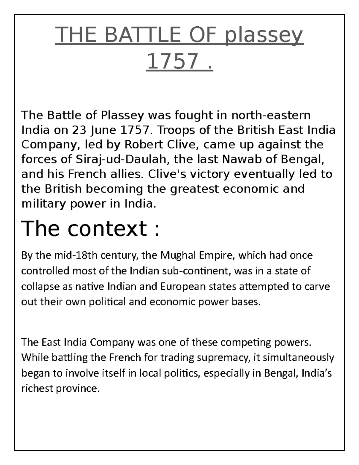 THE Battle OF plassey 1757 - THE BATTLE OF plassey 1757. The Battle of ...