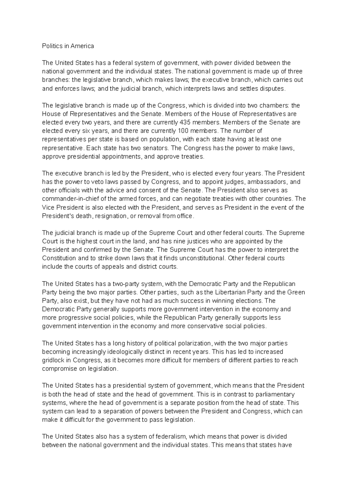 Politics in America - The executive branch is led by the President, who ...